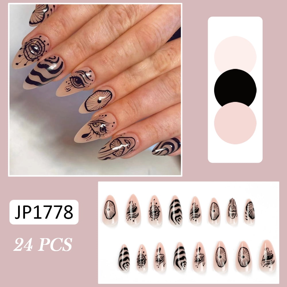 24Pcs False Nails Hand-Drawn Black Wave Lines Fake Nails For Women And ...