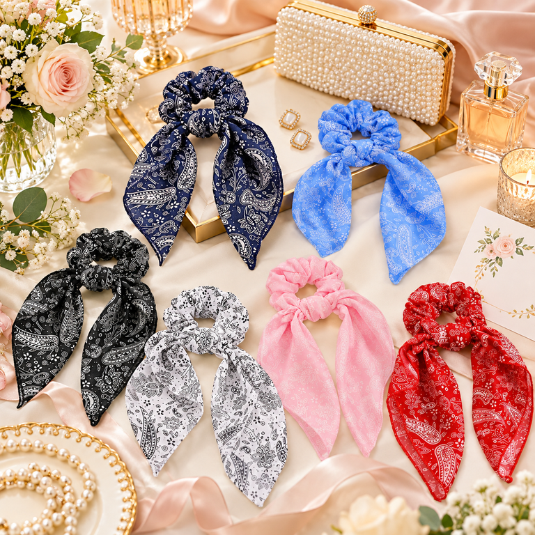 Chiffon Scarf Scrunchies, 6 Pack, Paisley Bow Hair Ties with Detachable ...