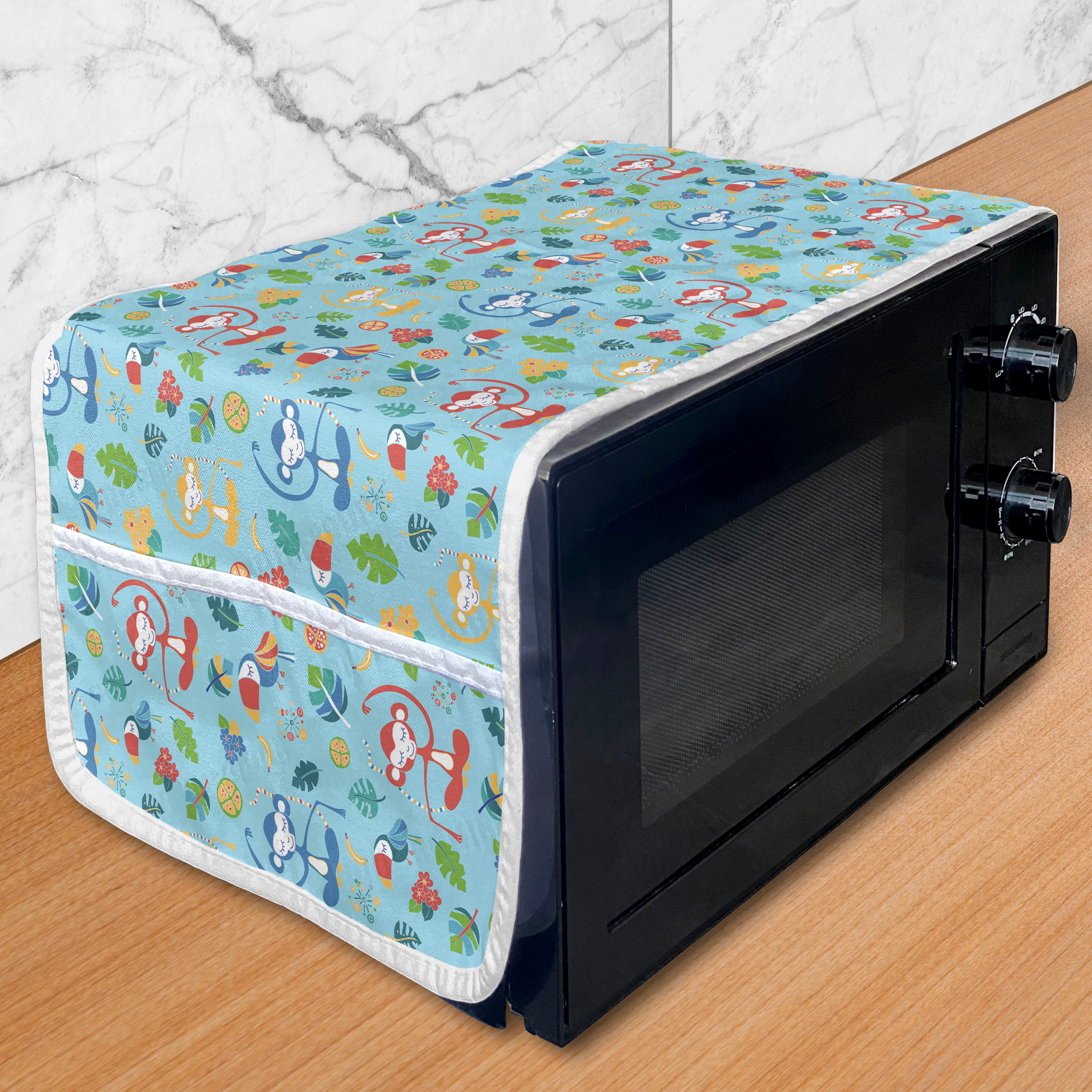 Exotic Microwave Oven Cover, Funny Monkeys and Toucans Colorful Leaves ...