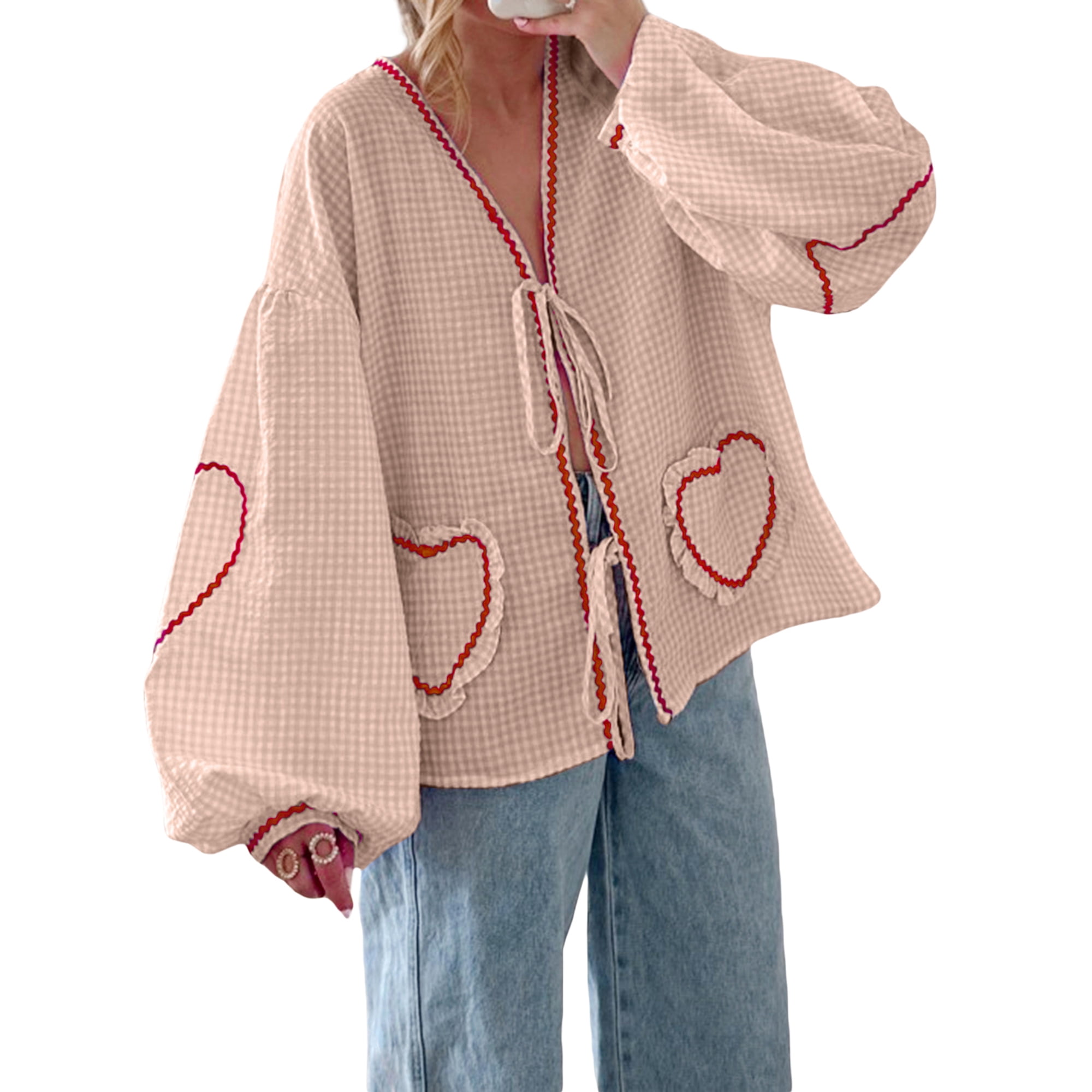 Click here for Gupgi Long Sleeve Plaid Shirts For Women Front Bow... prices