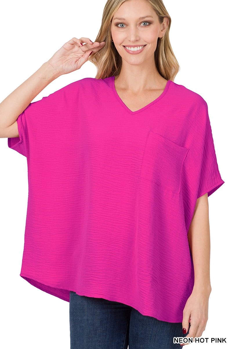 Zenana Women And Plus V Neck Woven Airflow Dolman Short Sleeve Blouse Top