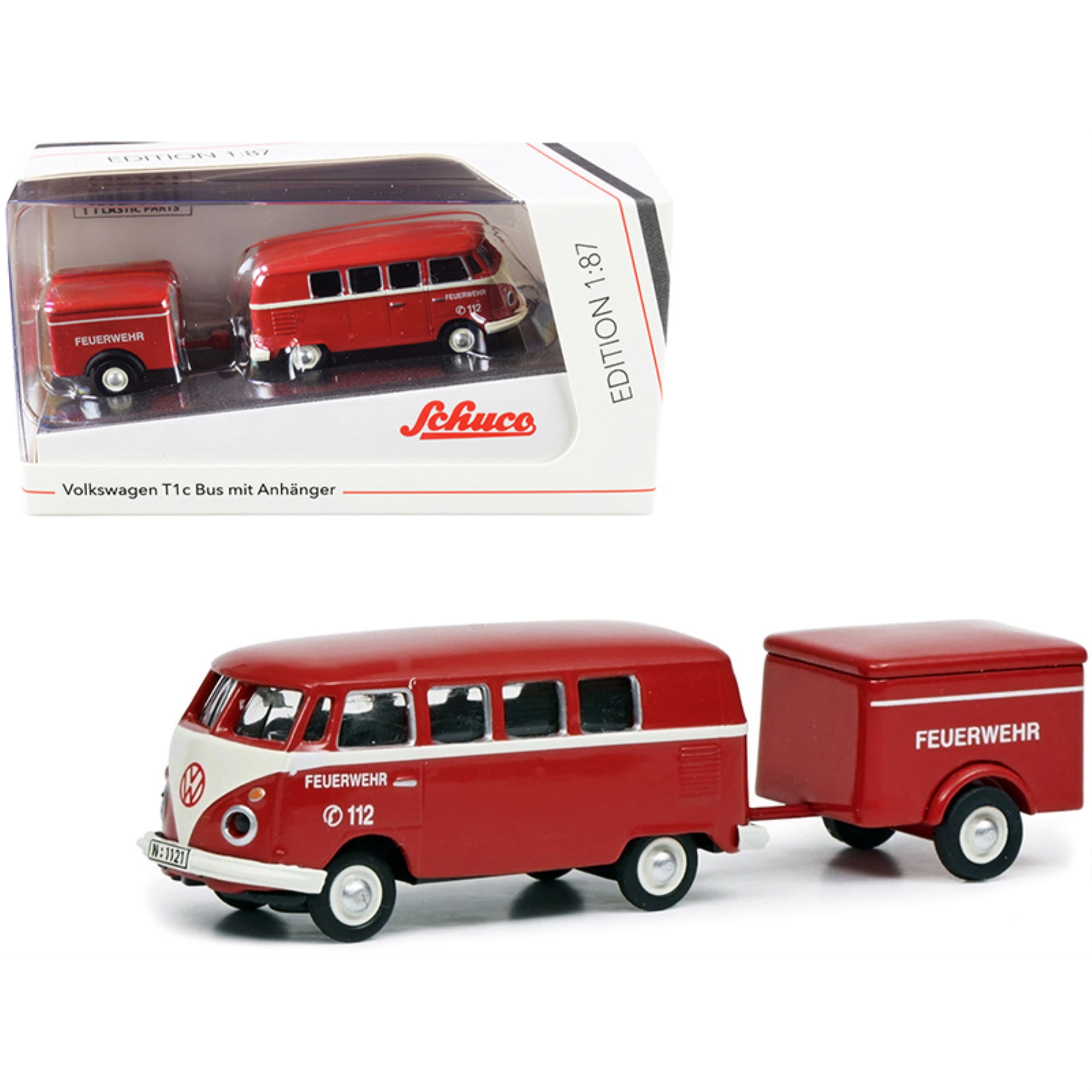 Volkswagen T1c Bus con remolque Rojo y Crema Feuerwehr 1/87 HO Schuco ...