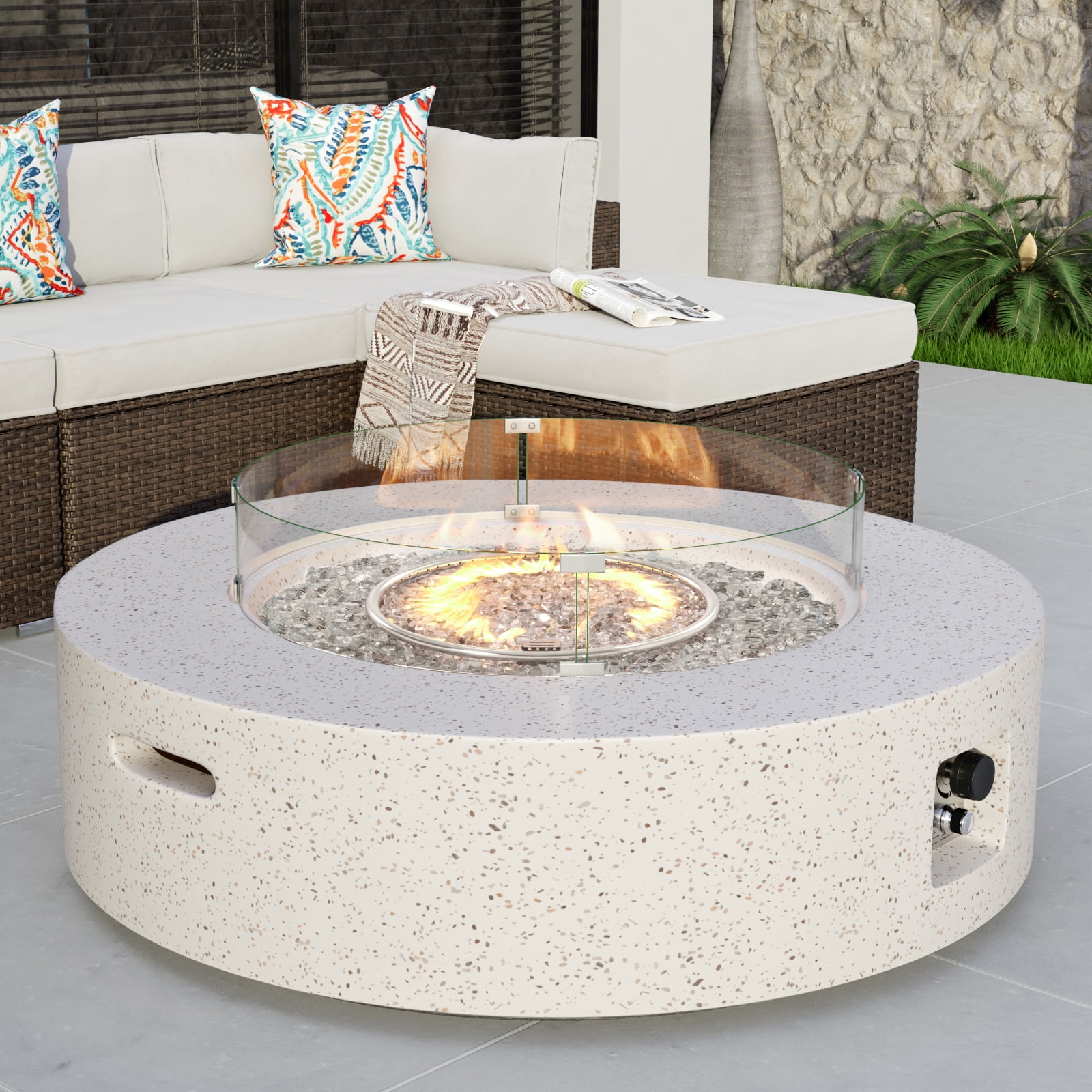 COSIEST Outdoor Propane Fire Pit Coffee Table w Terrazzo White 40.5-inch Round Base Patio Heater ...