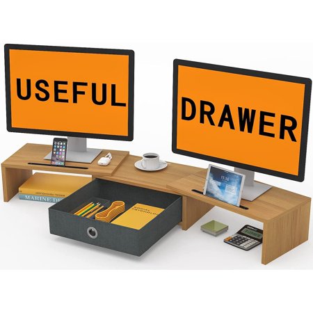 Dual Monitor Stand Riser with Drawer - 3 Shelf Screen Laptop Stands, 2 ...