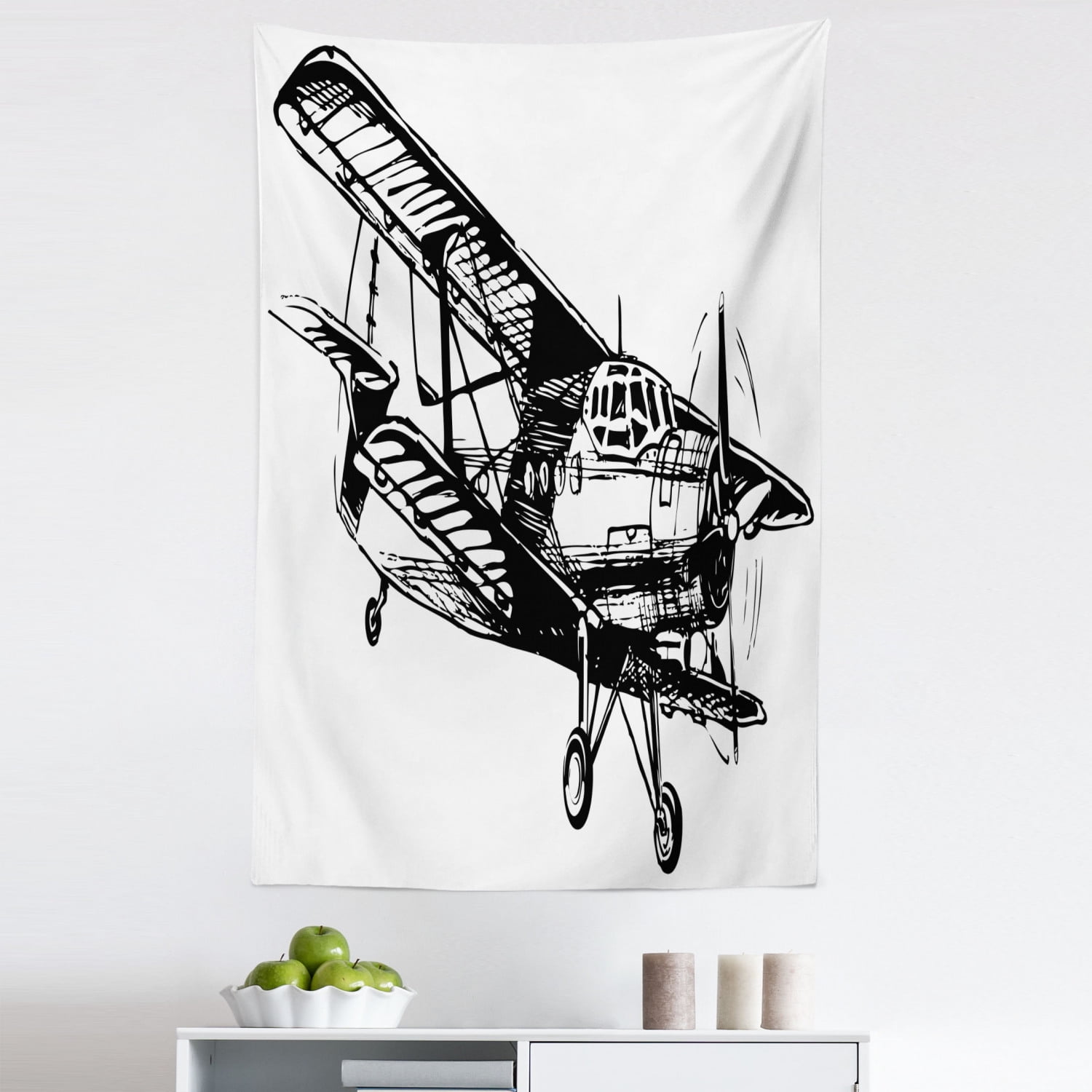 Vintage Airplane Tapestry, Drawing of a Monoplane Sketchy Monochrome ...