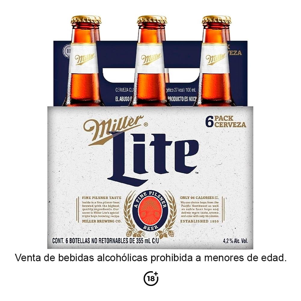 Cerveza Miller Lite 6 botellas de 355 ml c/u | Bodega Aurrera en línea