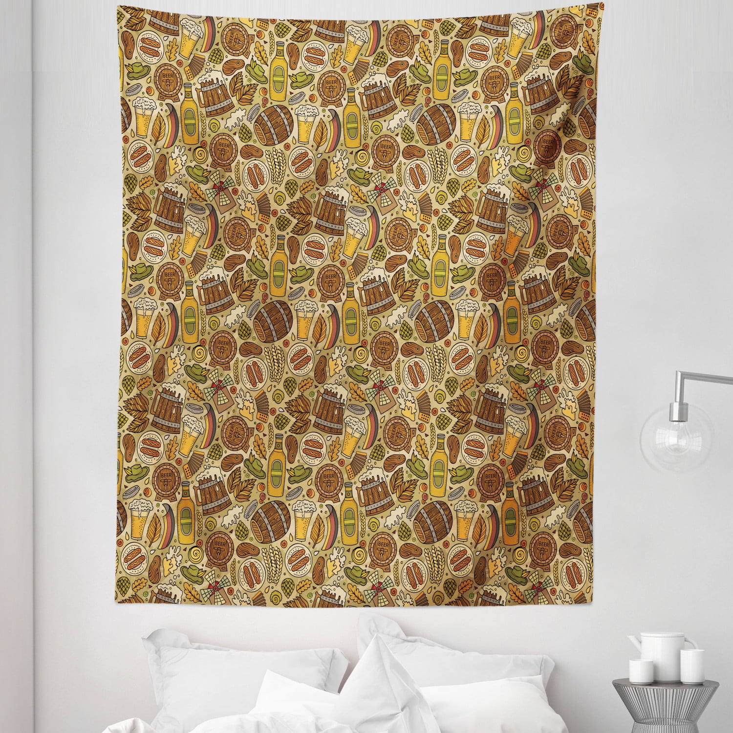 Alcohol Tapestry, Hand-Drawn Cartoon Oktoberfest Elements with Beer ...