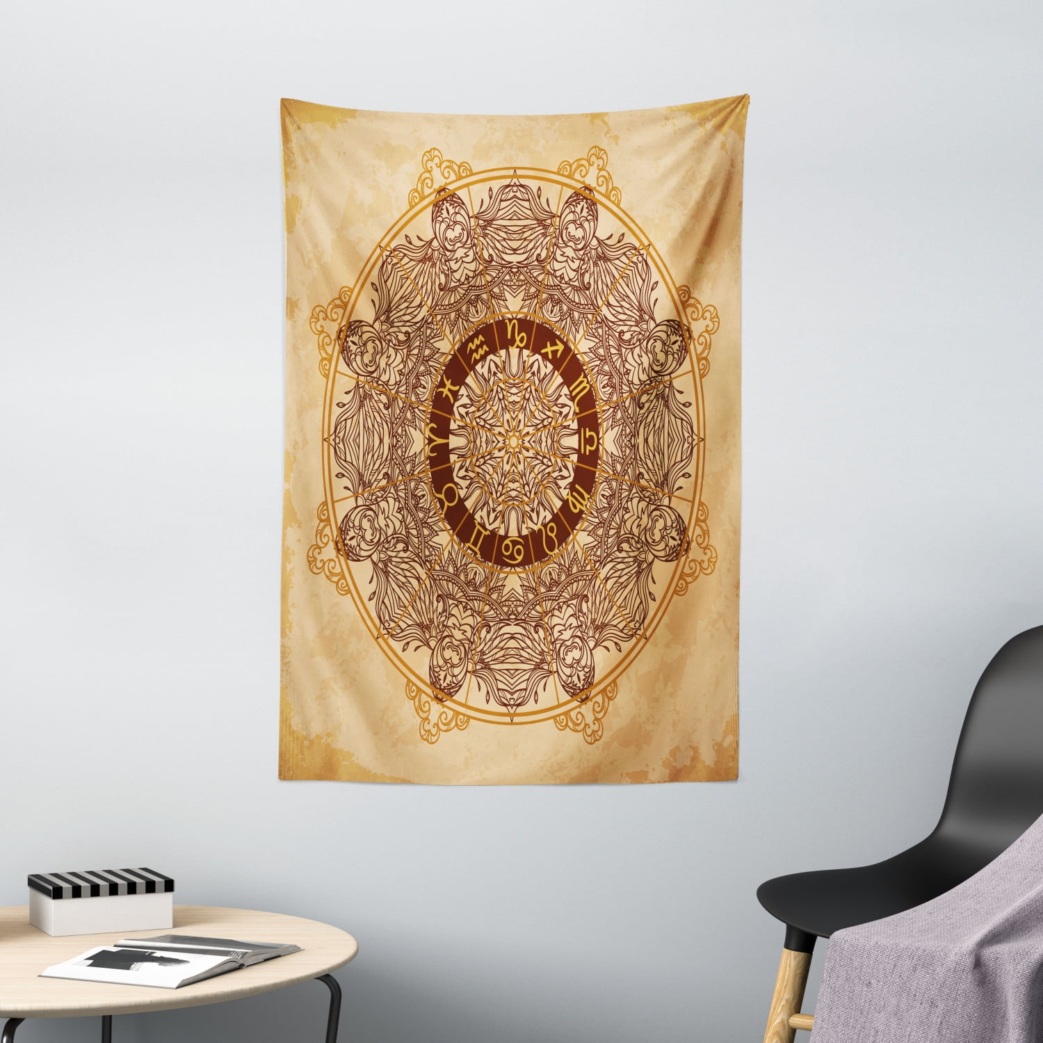 Zodiac Tapestry, Vintage Ornamental Mandala Circle with Horoscope Signs ...