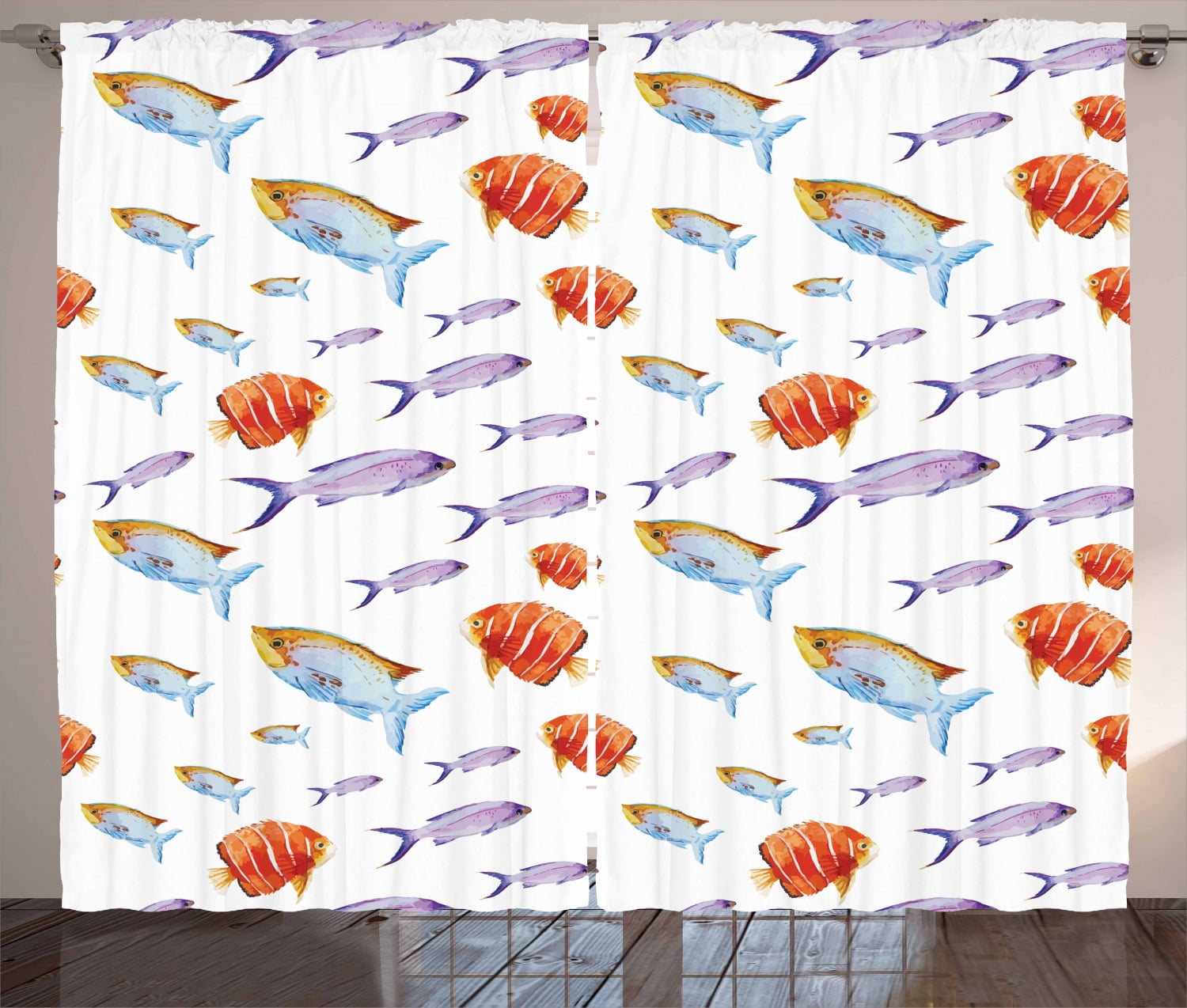 Fish Curtains 2 Panels Set, Underwater Life Themed Art with Tropical ...