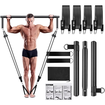 Pilates Bar Kit with 4 Strong Resistance Bands, Upgraded 3-Section Yoga ...