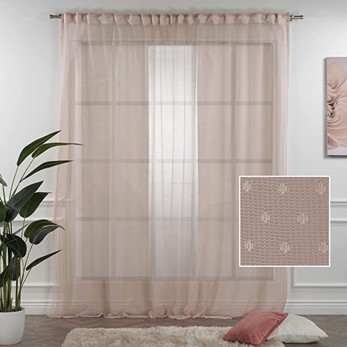 3S Brother's Pink Lace Sheers Dots Pattern Curtains Extra Long Set of 2 ...