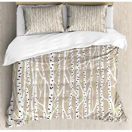 Birch Tree Queen Size Duvet Cover Set, Forest Fresh Foliage Nature ...
