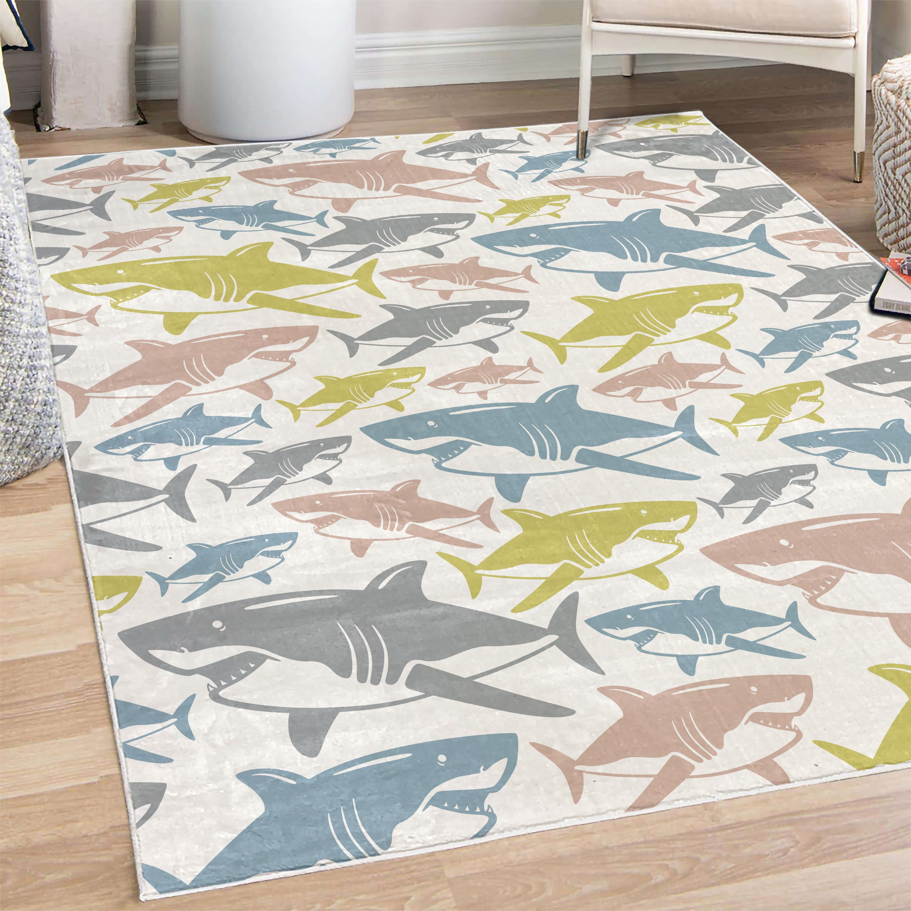 Shark Decorative Rug, Colorful Underwater Fish Pattern Masters Survival ...