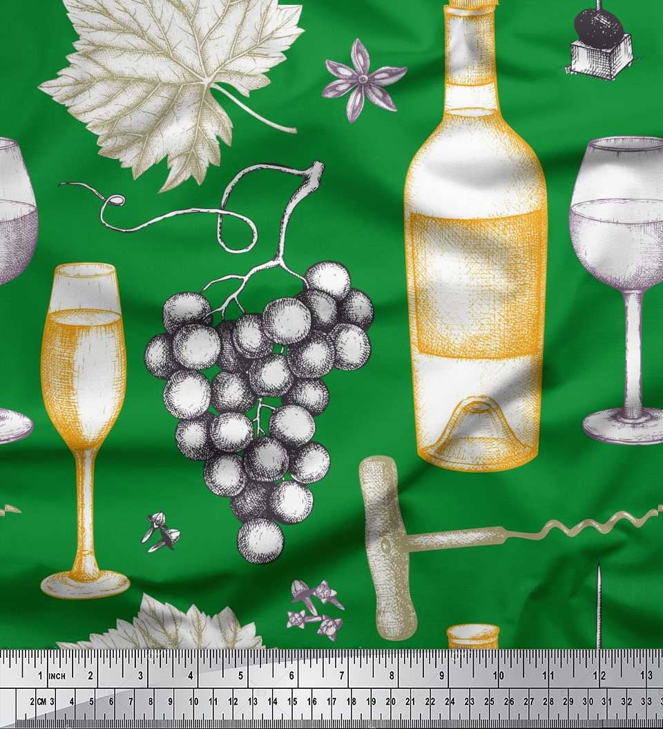 Soimoi polyester Crepe Fabric Grapes,Wine Glass & Bottle Print Fabric ...