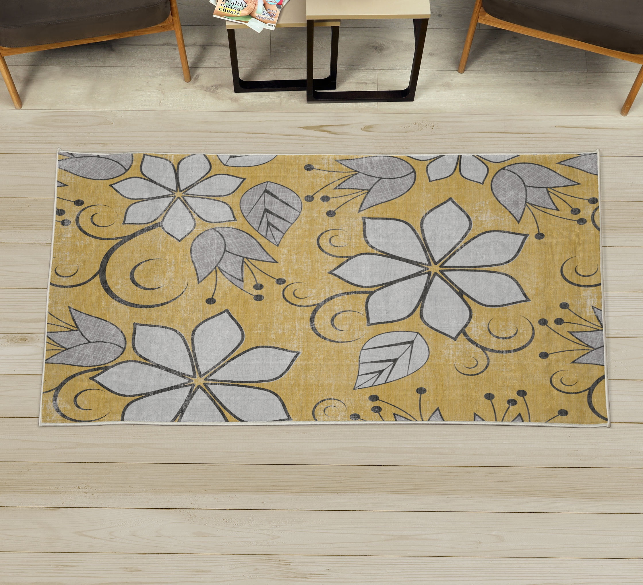 Floral Decorative Rug, Delicate Flowers with Swirling Ivy Branches ...