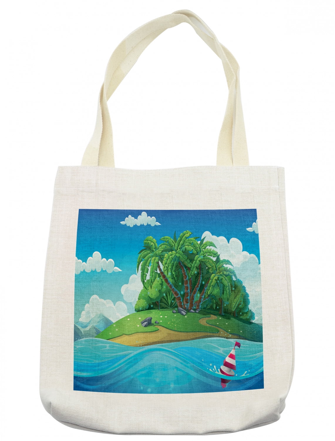 Tropical Tote Bag, Exotic Island Theme Marine Landscape in Cartoon ...