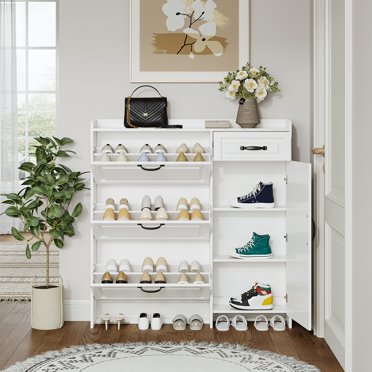 30 Pairs Tall Shoe Cabinet, 10 Tiers White Wooden Shoe Storage Rack for ...
