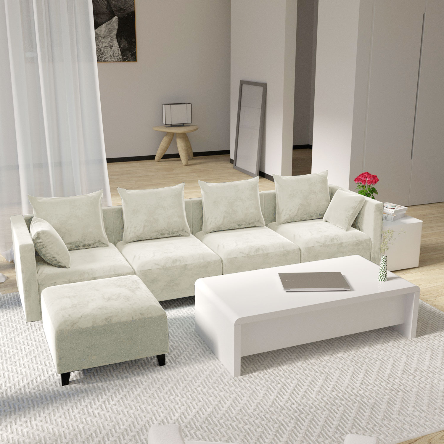 L-Shaped Sectional Sofa with Removeable Ottoman and 6 Pillows ...