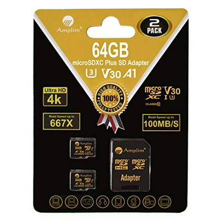 Amplim 64GB Micro SD Card, 2 Pack MicroSD Memory Plus Adapter, MicroSDXC U3 Class 10 V30 UHS-I ...