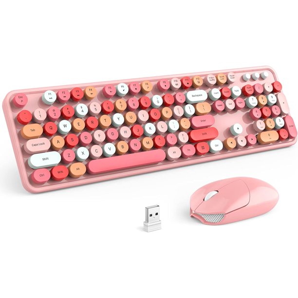 SHIBA-Wireless Keyboard and Mouse Combo, Pink 104 Keys Full-Sized 2.4 ...