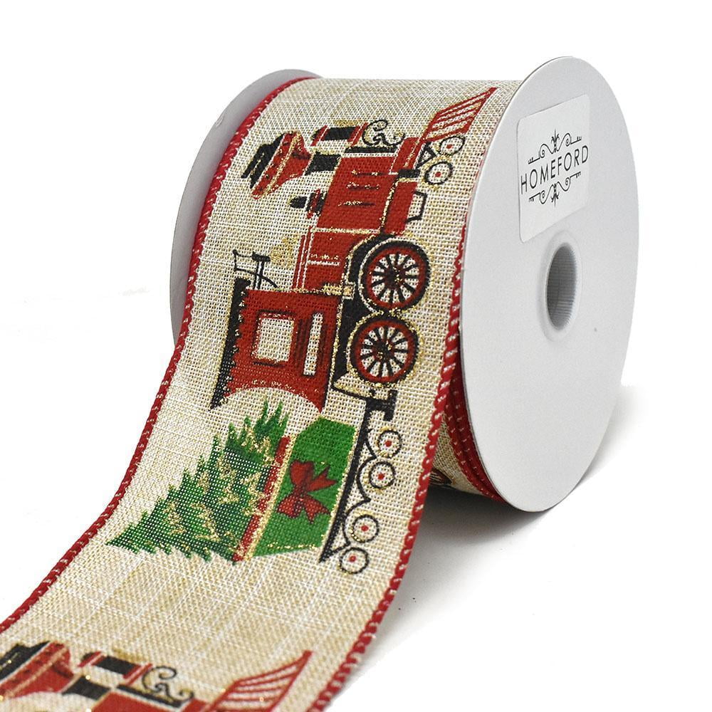 Natural Linen Christmas Trains Wired Ribbon, 2-1/2-Inch, 10-Yard ...