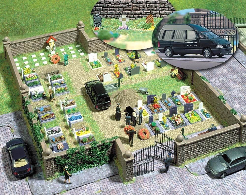 Busch HO Scale Cemetery Kit (Stone Walls/Graves/Hearse/Coffin/Benches ...