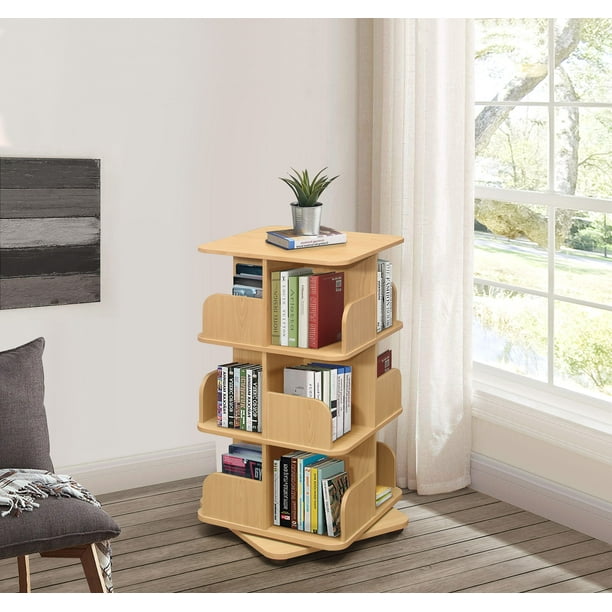 Hartwick 3 Tier Revolving Bookcase Tower with 12 Shelves, Natural Wood ...