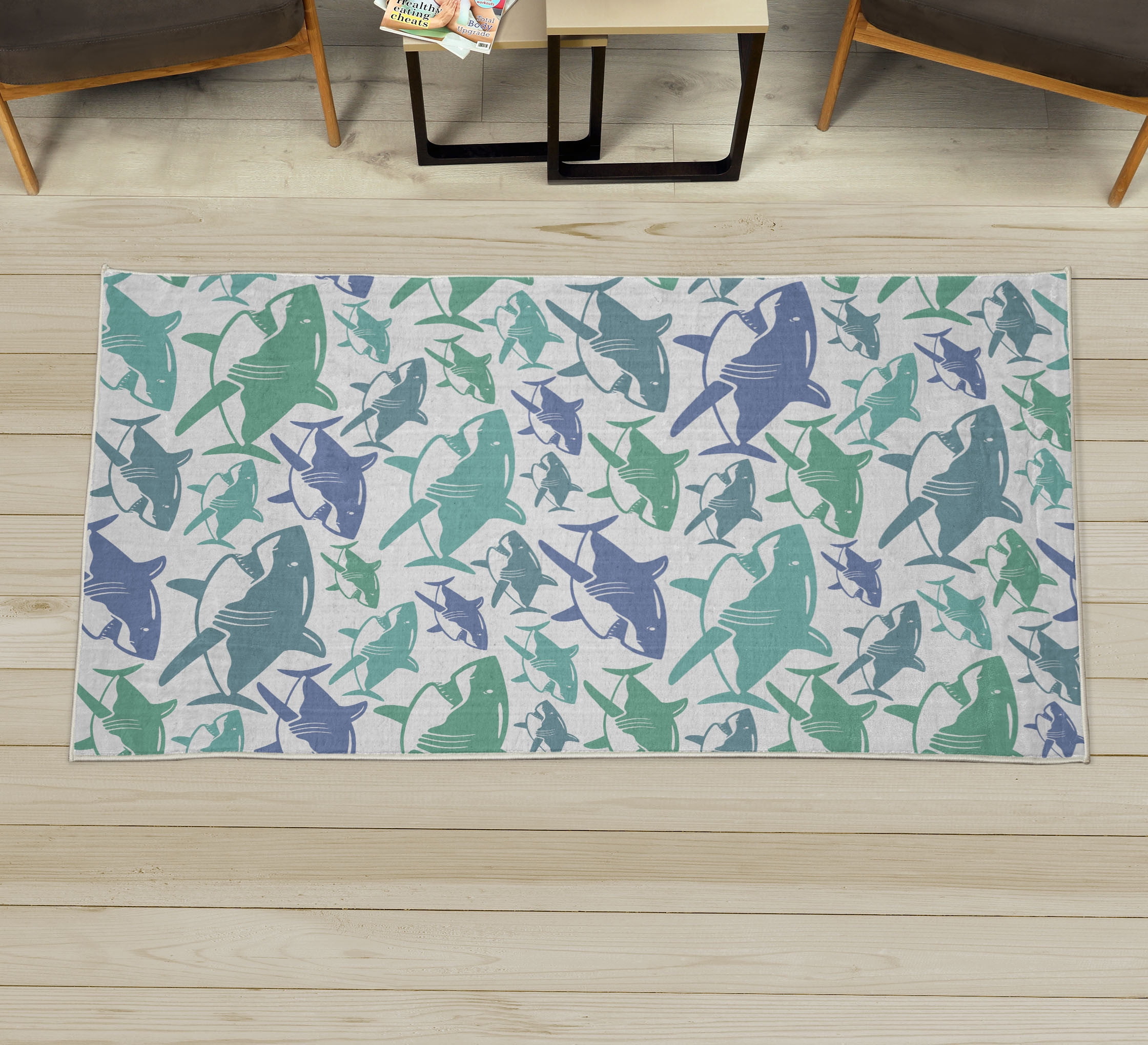 Shark Decorative Rug, Colorful Underwater Fish Pattern Masters Survival ...