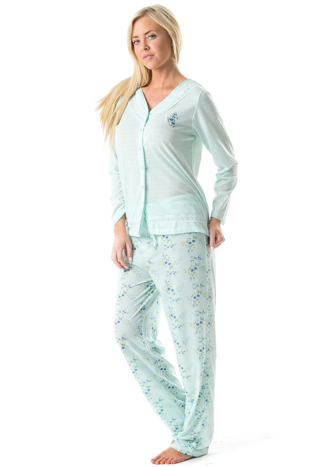 Casual Nights Women's Long Sleeve Pointelle Pajama Set - Green - 4X ...