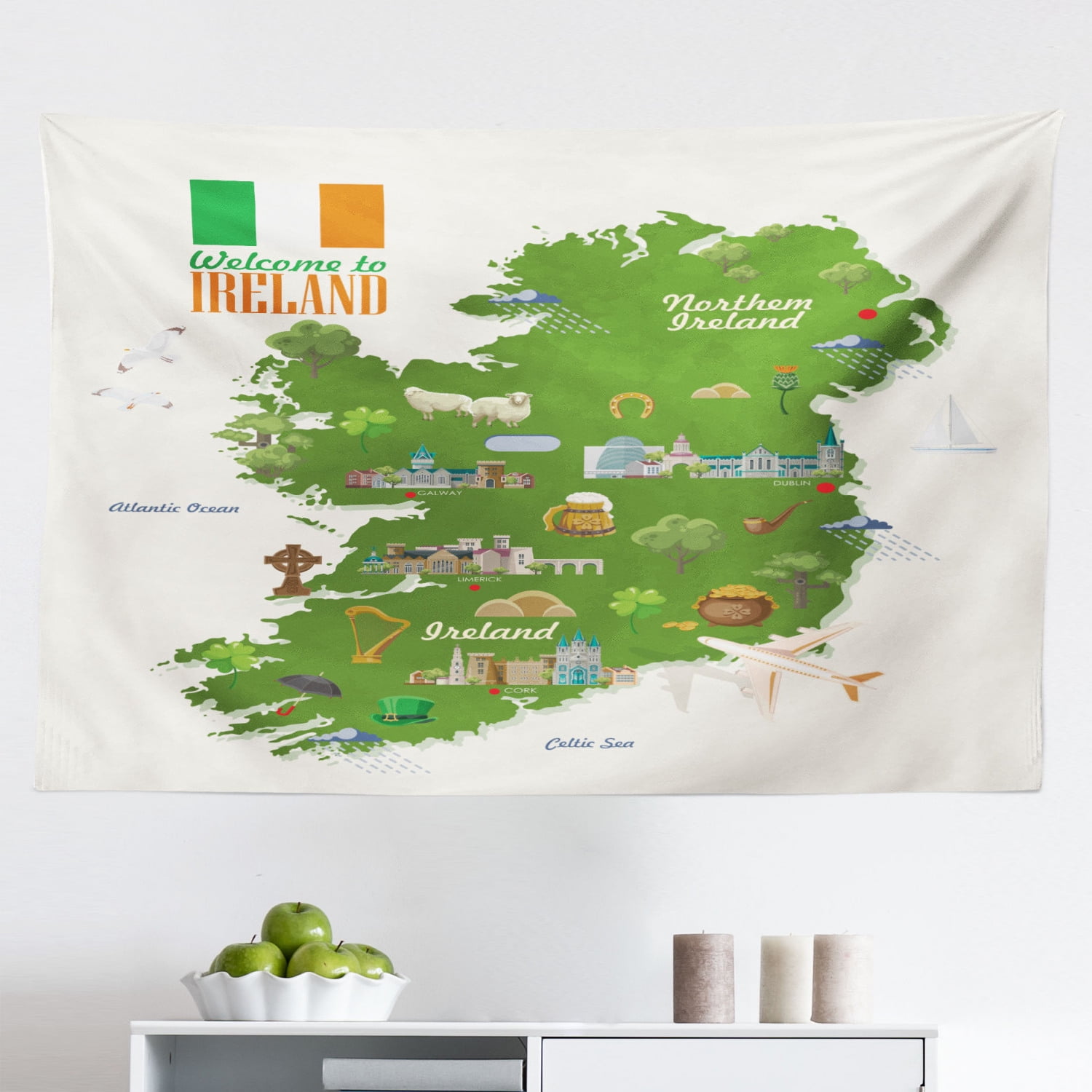 Ireland Map Tapestry, Modern Calligraphic Monochrome Design of Map ...