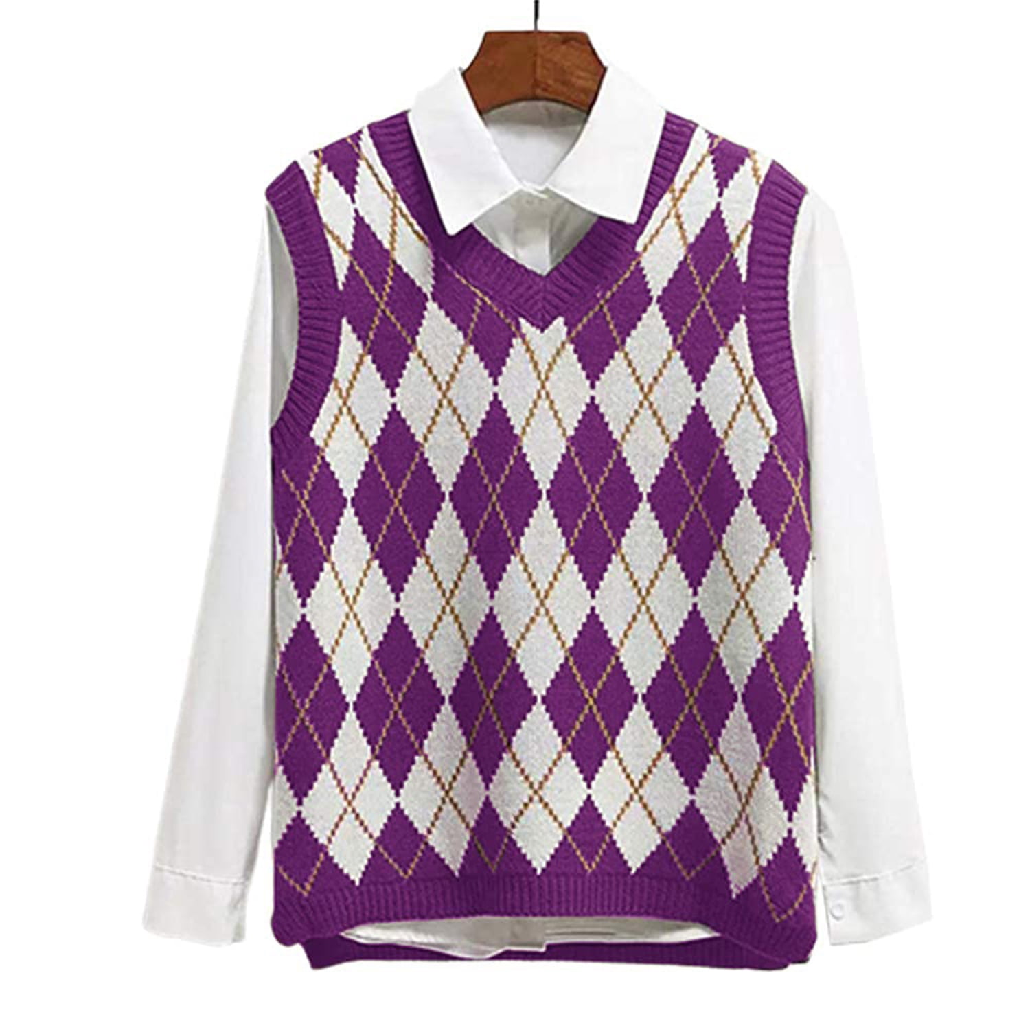 Gemijacka Womens V Neck Knit Sweater Vest Argyle Plaid Preppy Style