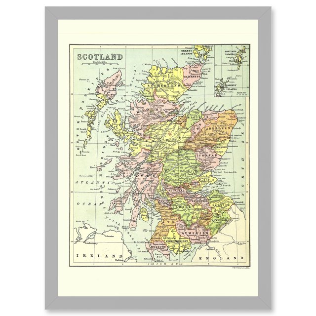 Map Bartholemew Scotland Counties UK Artwork Framed Wall Art Print A4 - Walmart.com