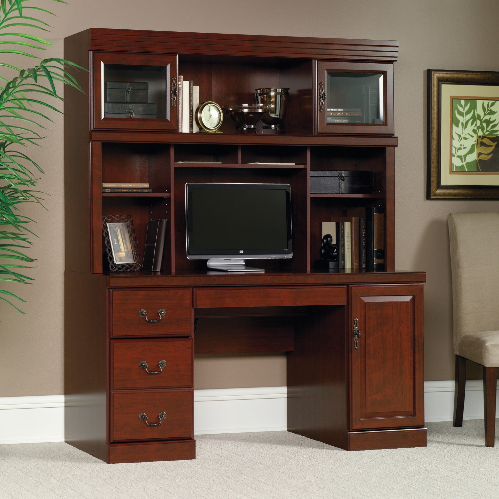 Sauder Heritage Hill Home Office Computer Credenza Desk with Drawers Classic Cherry Finish Walmart