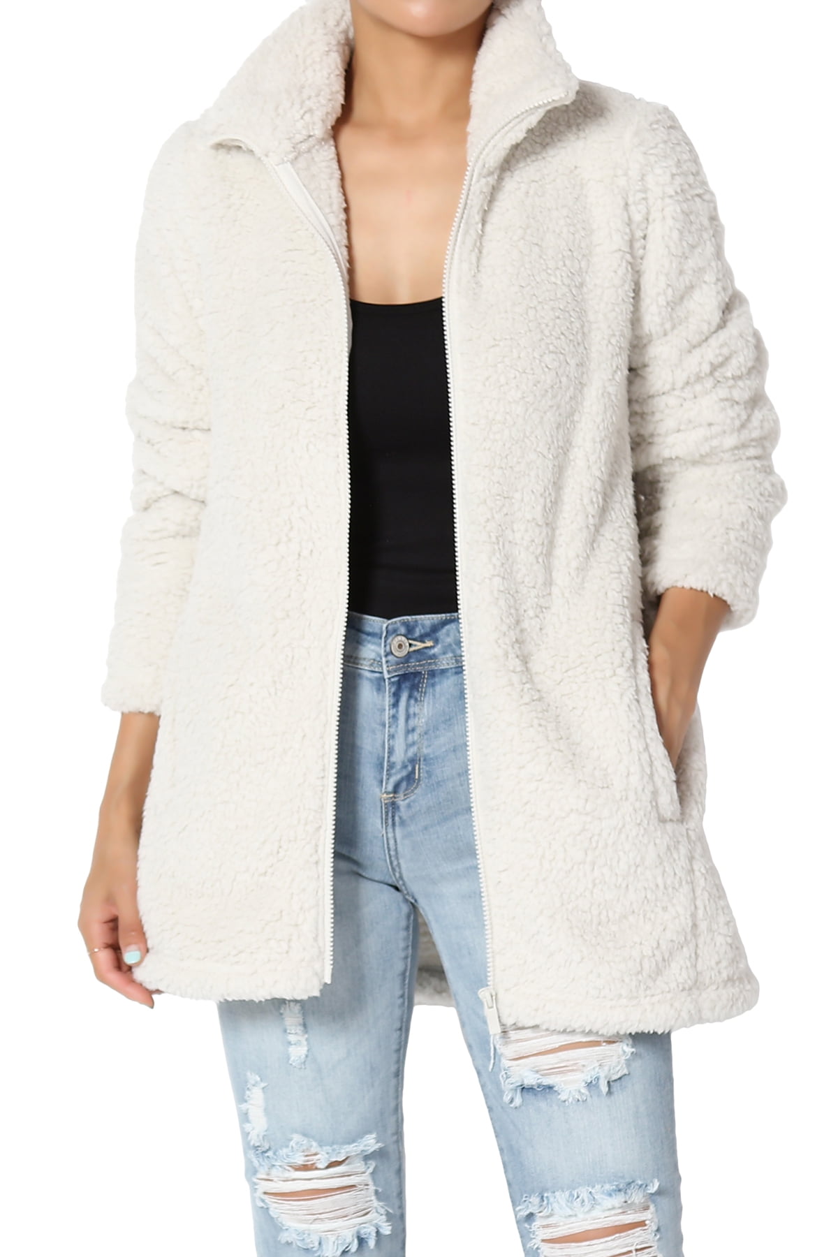 TheMogan Women's S~3X High Neck Zip Up Soft Short Teddy Jacket Fuzzy ...