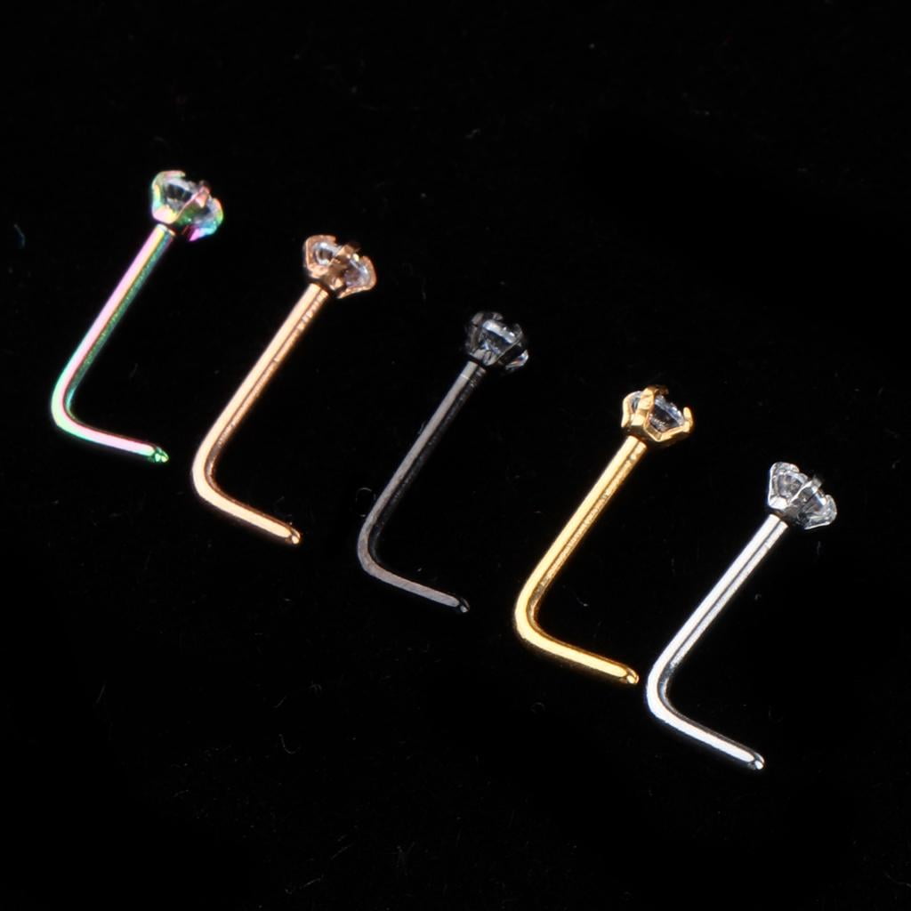 5 Pieces Nose Rings L-shaped Studs Stainless Steel Crystal Curved ...