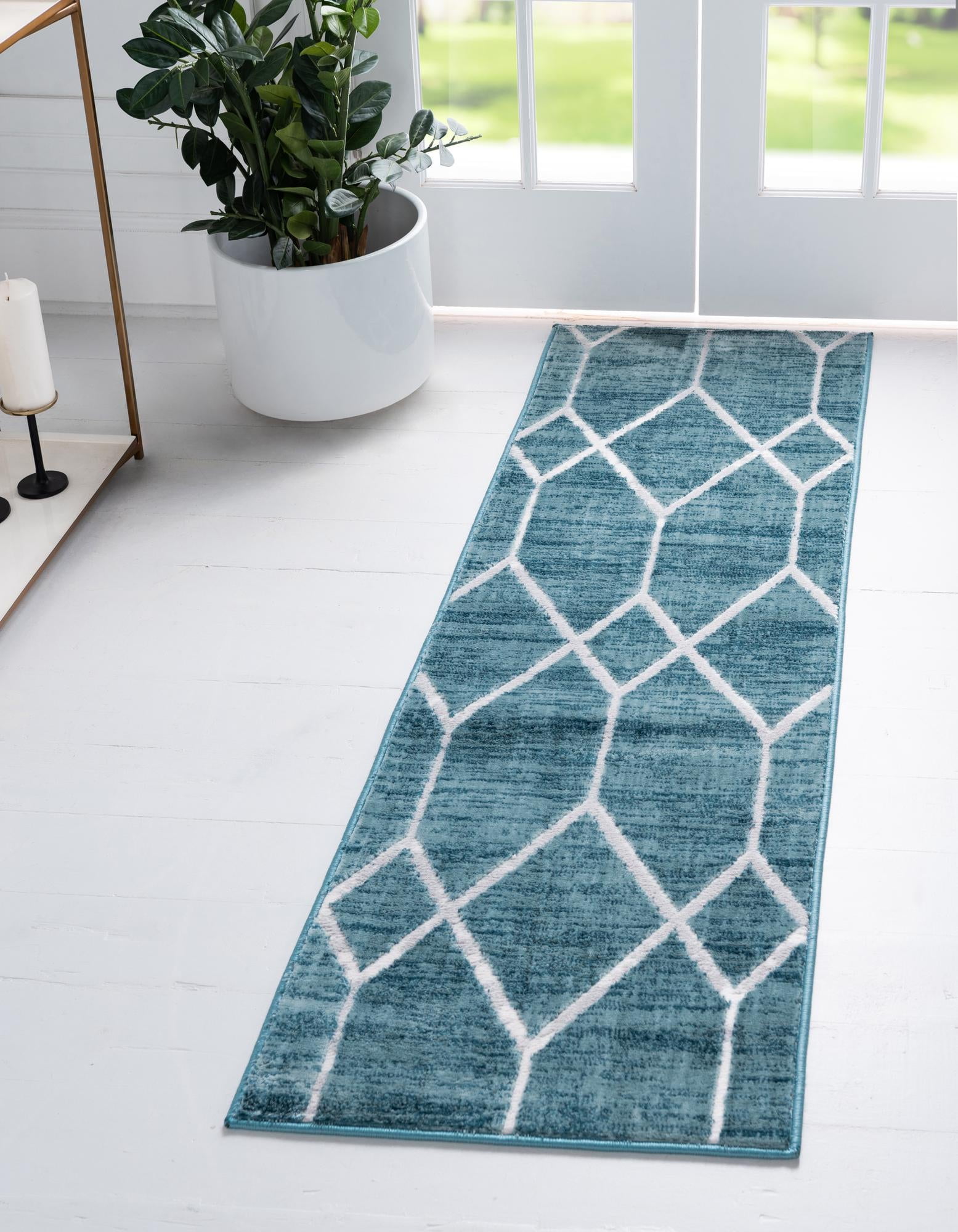 Rugs.com Lattice Trellis Collection Rug – 6 Ft Runner Blue Low-Pile Rug ...