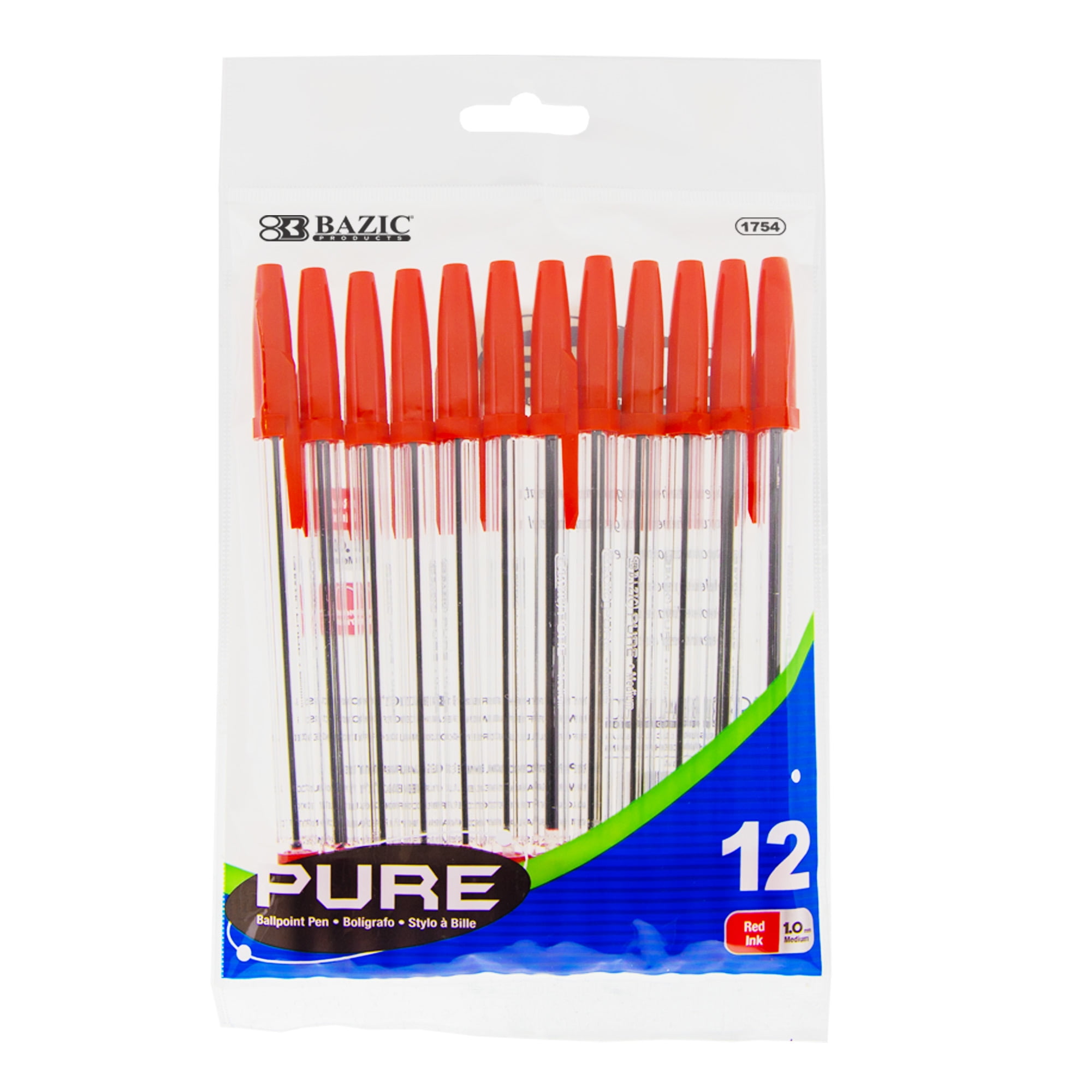 BAZIC Ballpoint Pen Pure Red Color Stick Pens, 1.0 mm, (12/Pack), 1 ...
