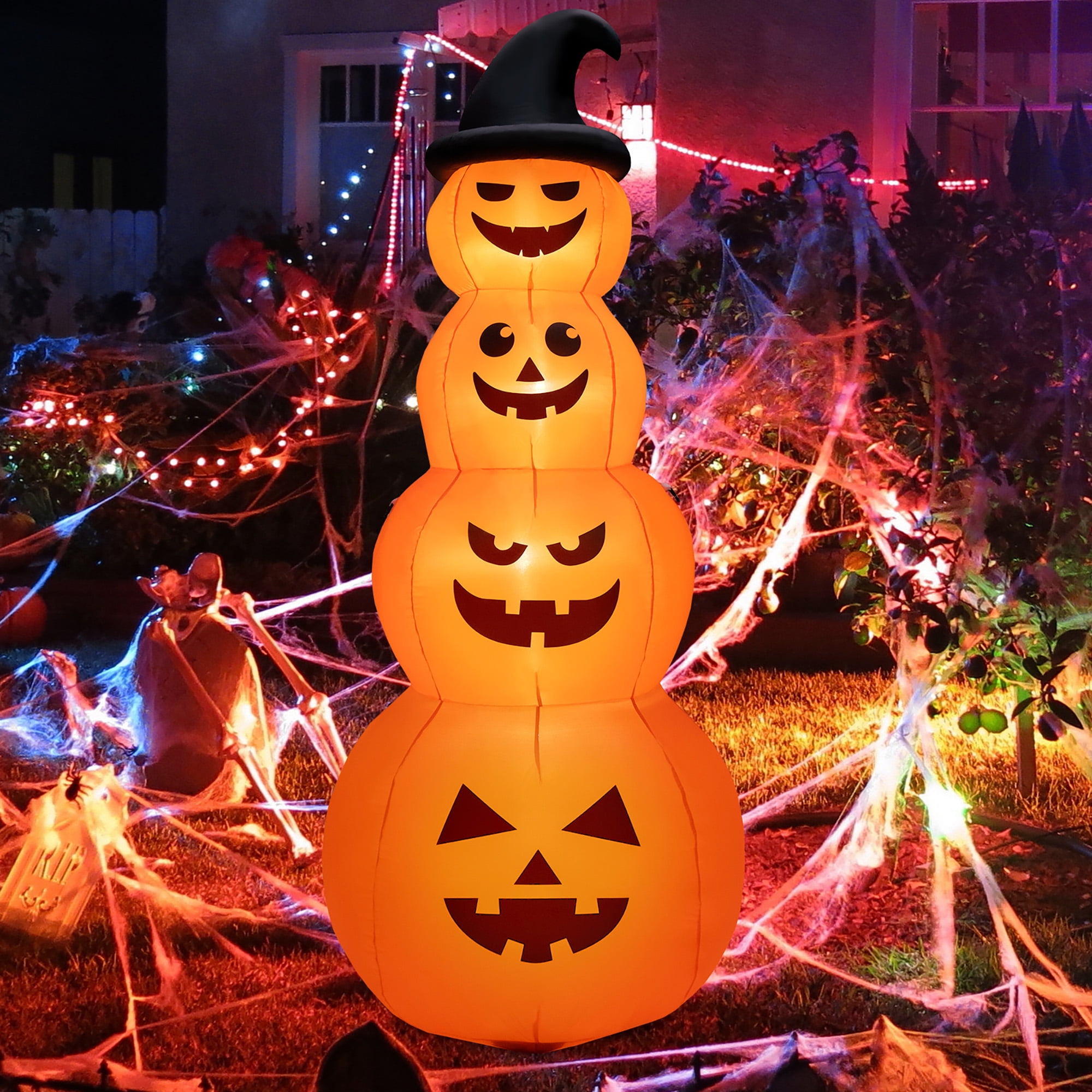 Gymax 8 ft Inflatable Halloween Pumpkins Stack Holiday Decor w/ Built ...