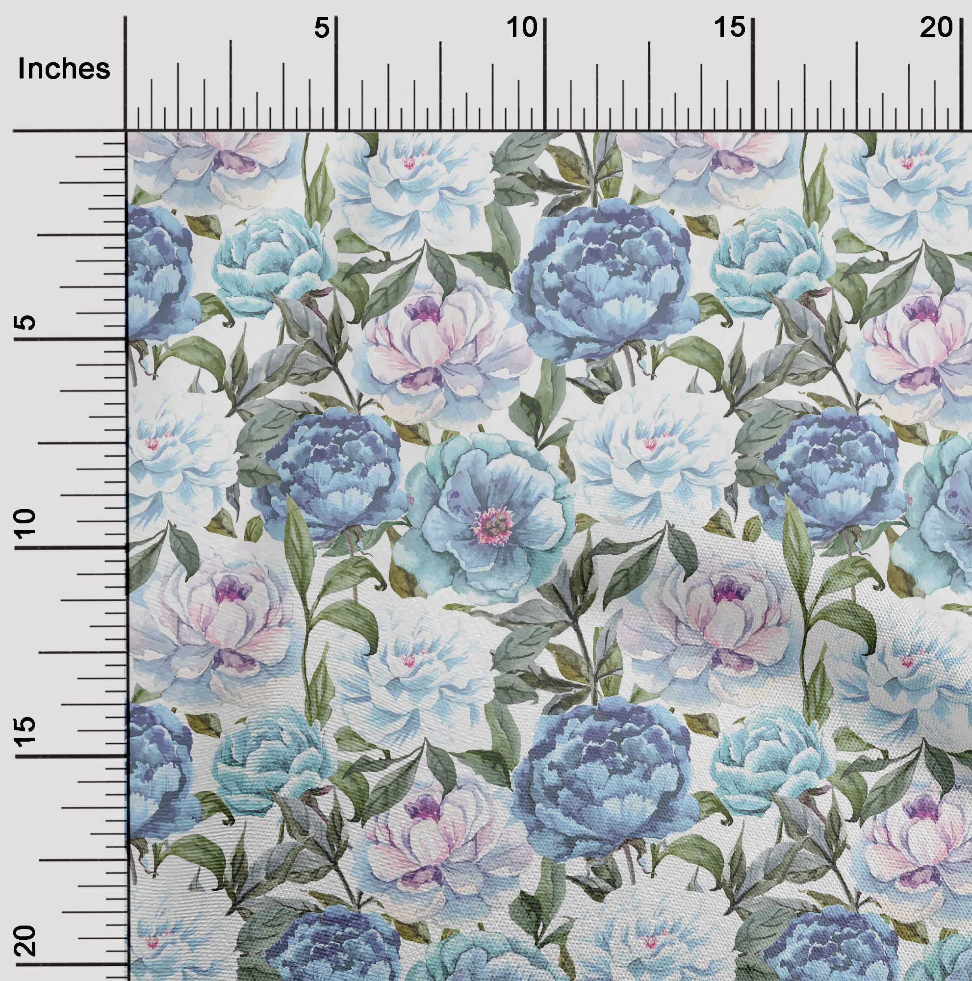 oneOone Polyester Lycra Light Blue Fabric Flower & Leaves Watercolor ...