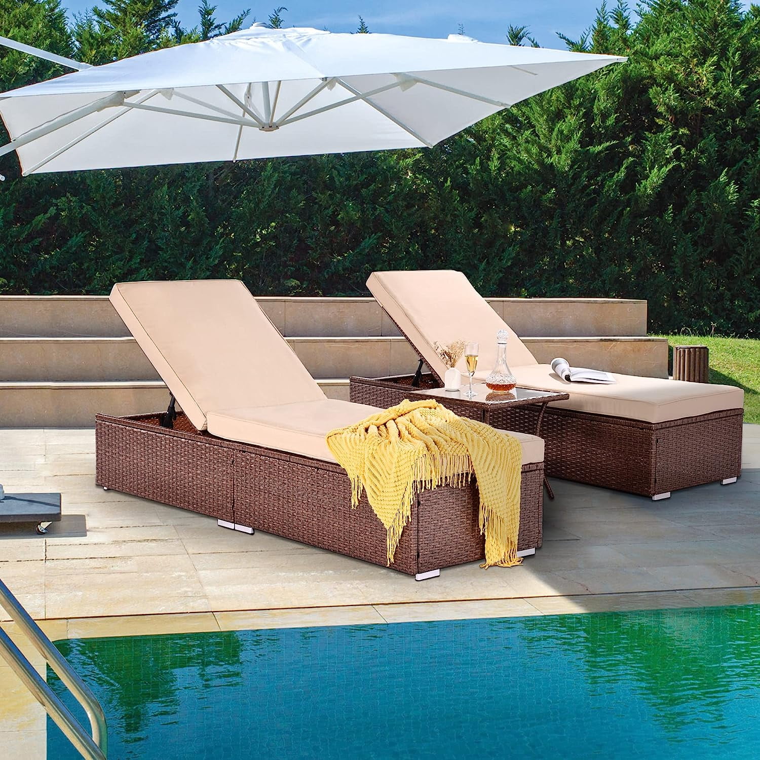 Outdoor Chaise Lounge Set of 2, Patio Wicker Adjustable Reclining Pool ...