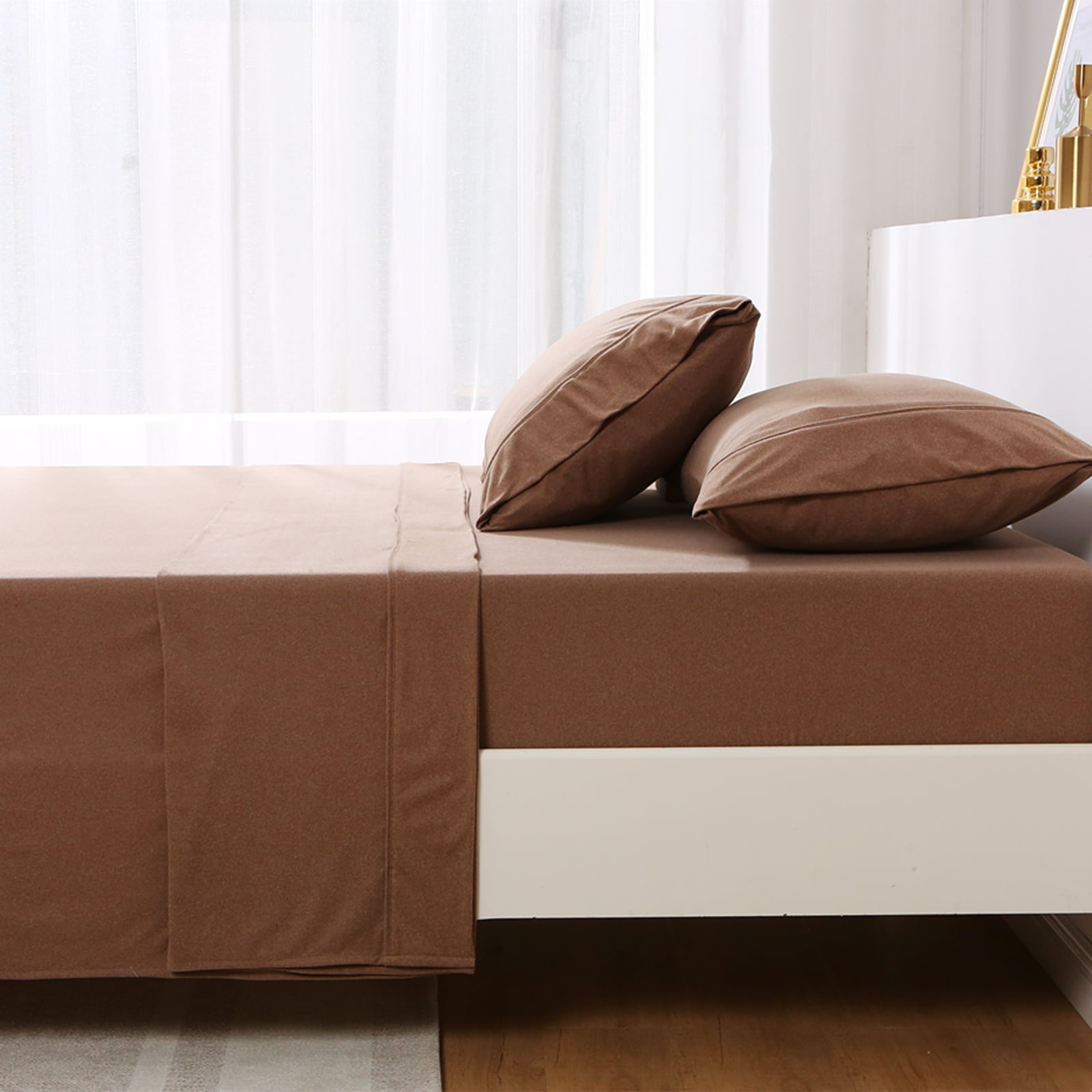 4 Pieces Micro Fleece Sheet Set, King Size Light brown Color,Soft Cozy ...