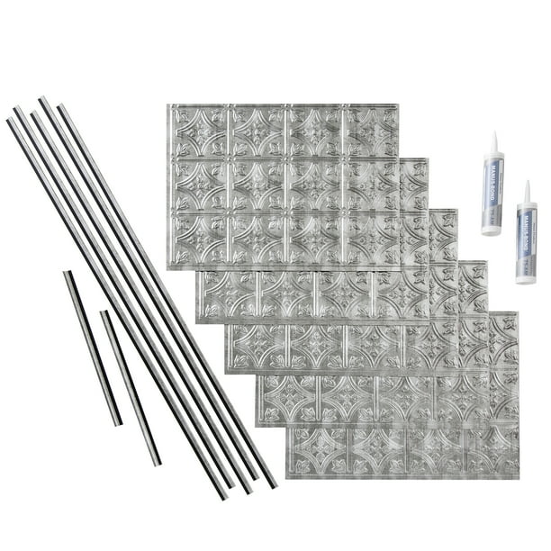Fasade Traditional 1 Crosshatch Silver Backsplash Panel 15 Sq Ft Kit ...
