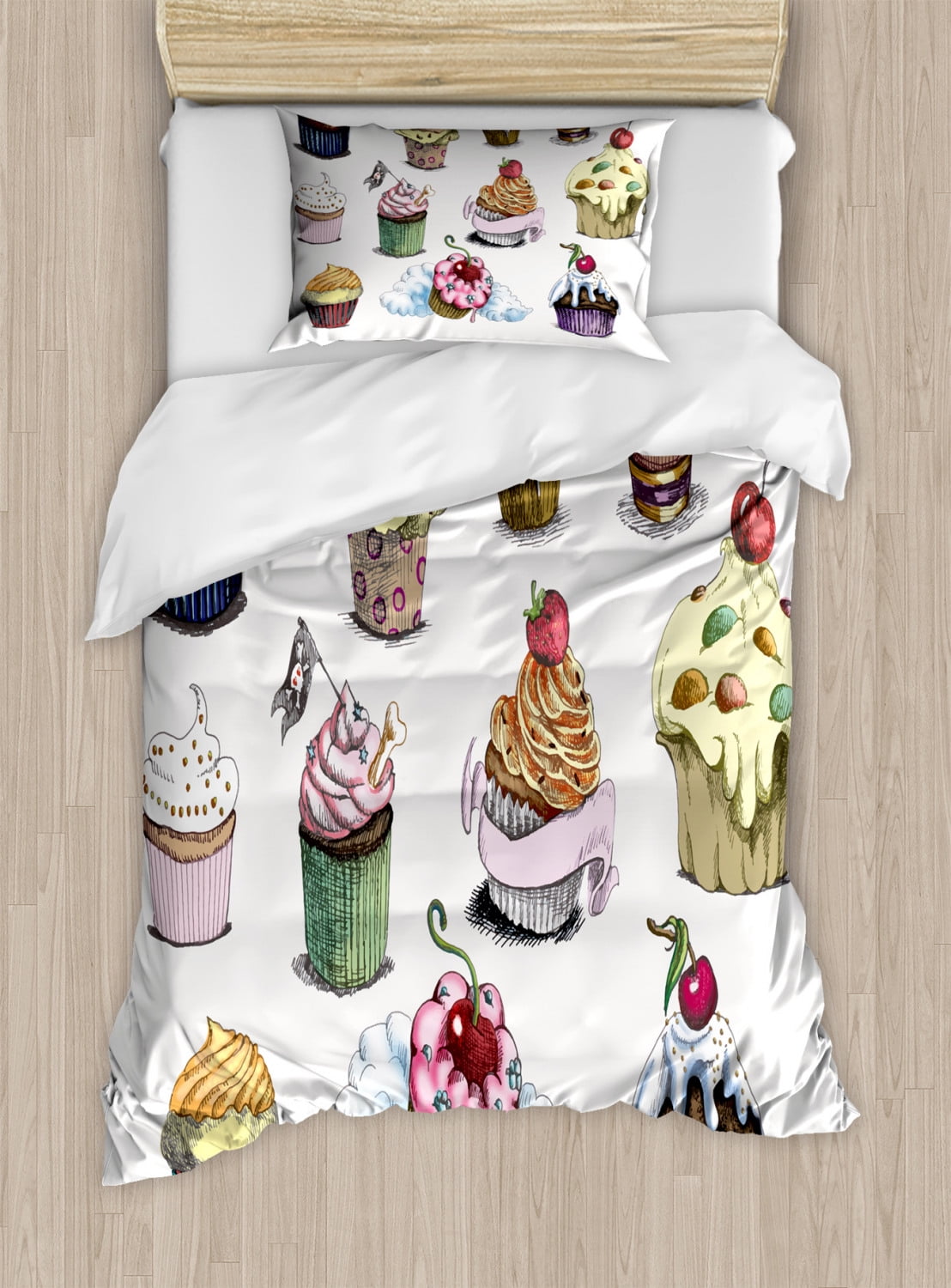 Dessert Twin Size Duvet Cover Set, Yummy Cupcake Medley with Sprinkled ...