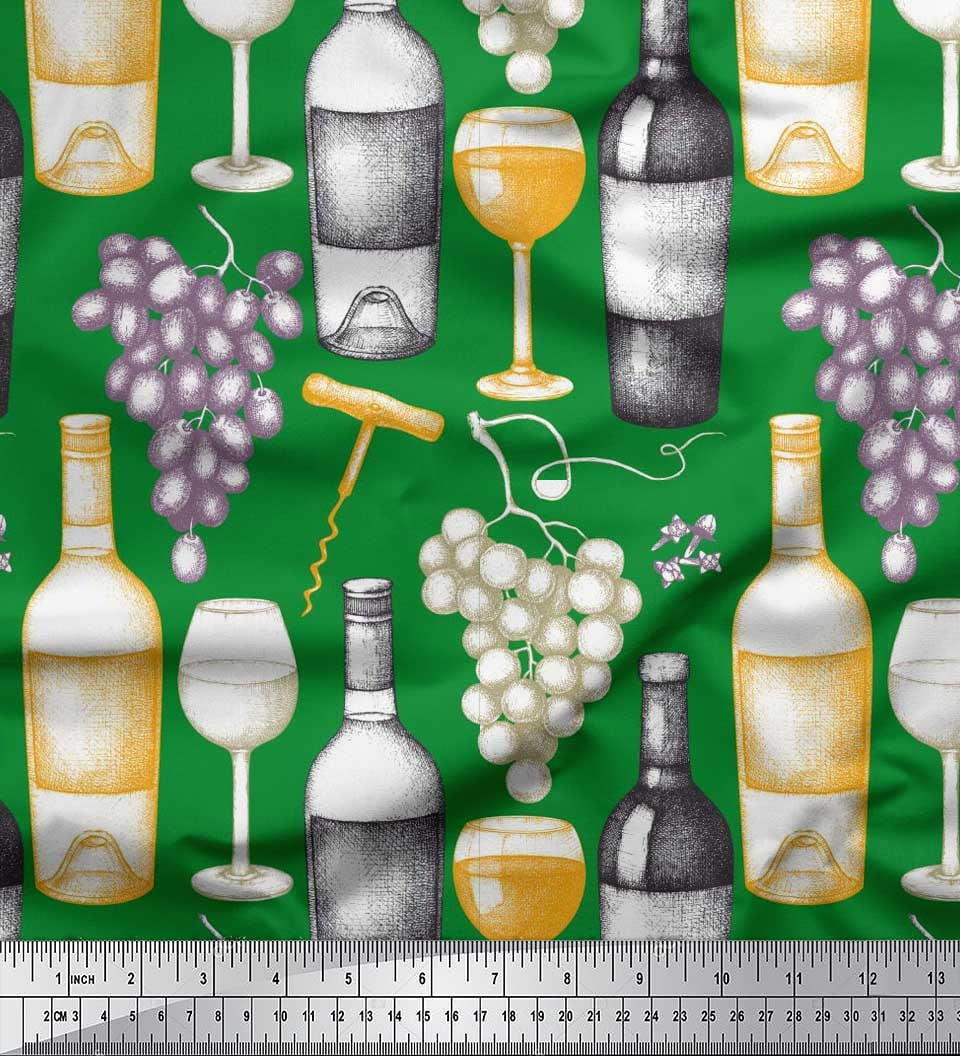Soimoi Satin Silk Fabric Grapes,Wine Glass & Bottle Print Fabric by ...
