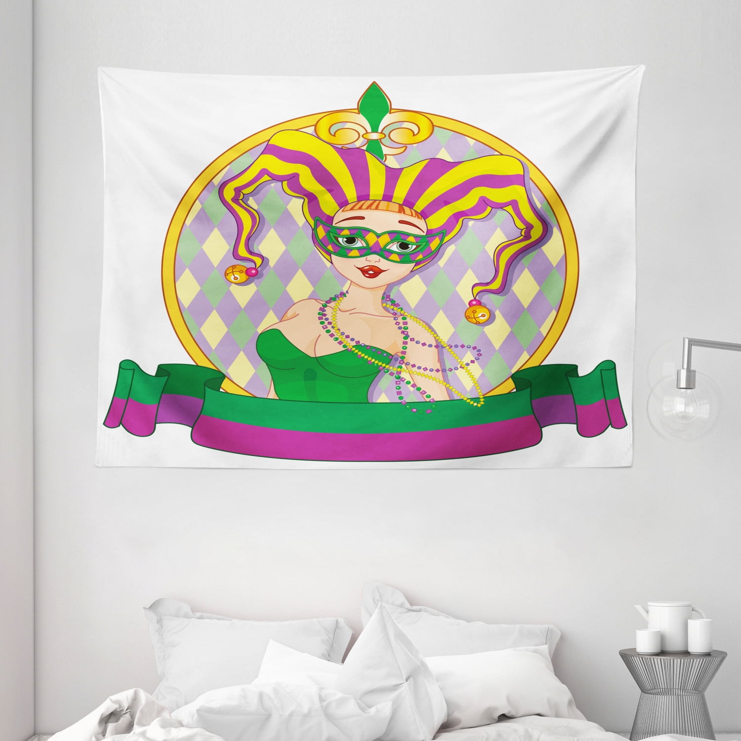 Mardi Gras Tapestry, Harlequin Lady Cartoon Style Circular Frame ...