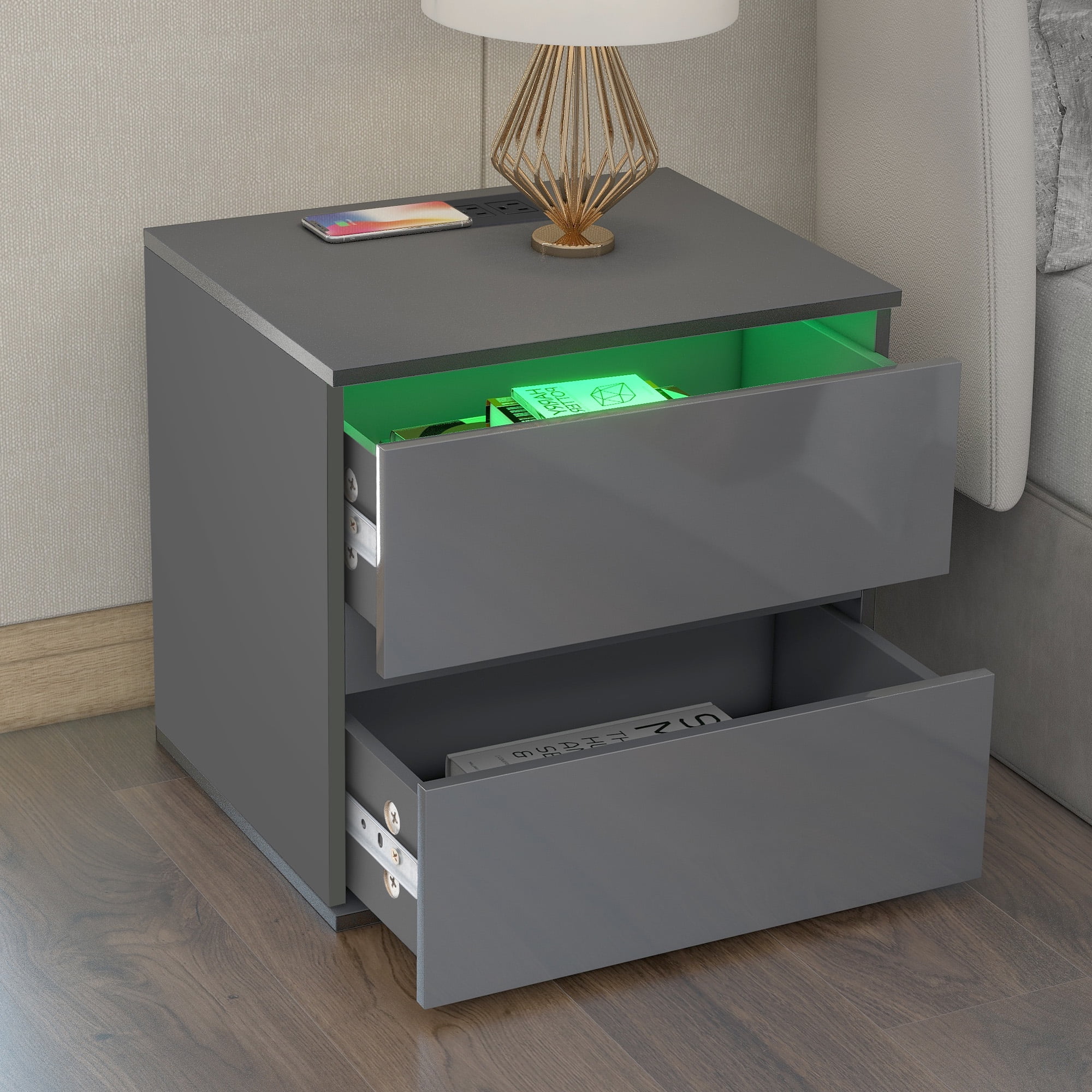 Nightstand with 2 Drawers, Solid Wood Modern Bedside Table with USB ...