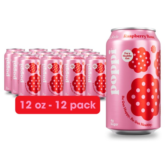 Poppi Prebiotic Soda, Raspberry Rose, 12 Pack, 12 oz