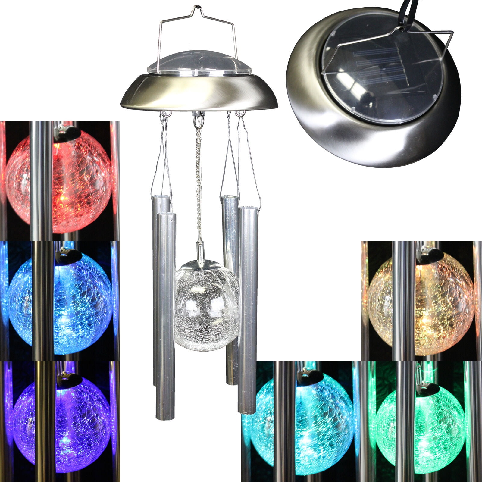 Brushed Aluminum Glass Ball Light Wind Chime Solar Color Changing ...
