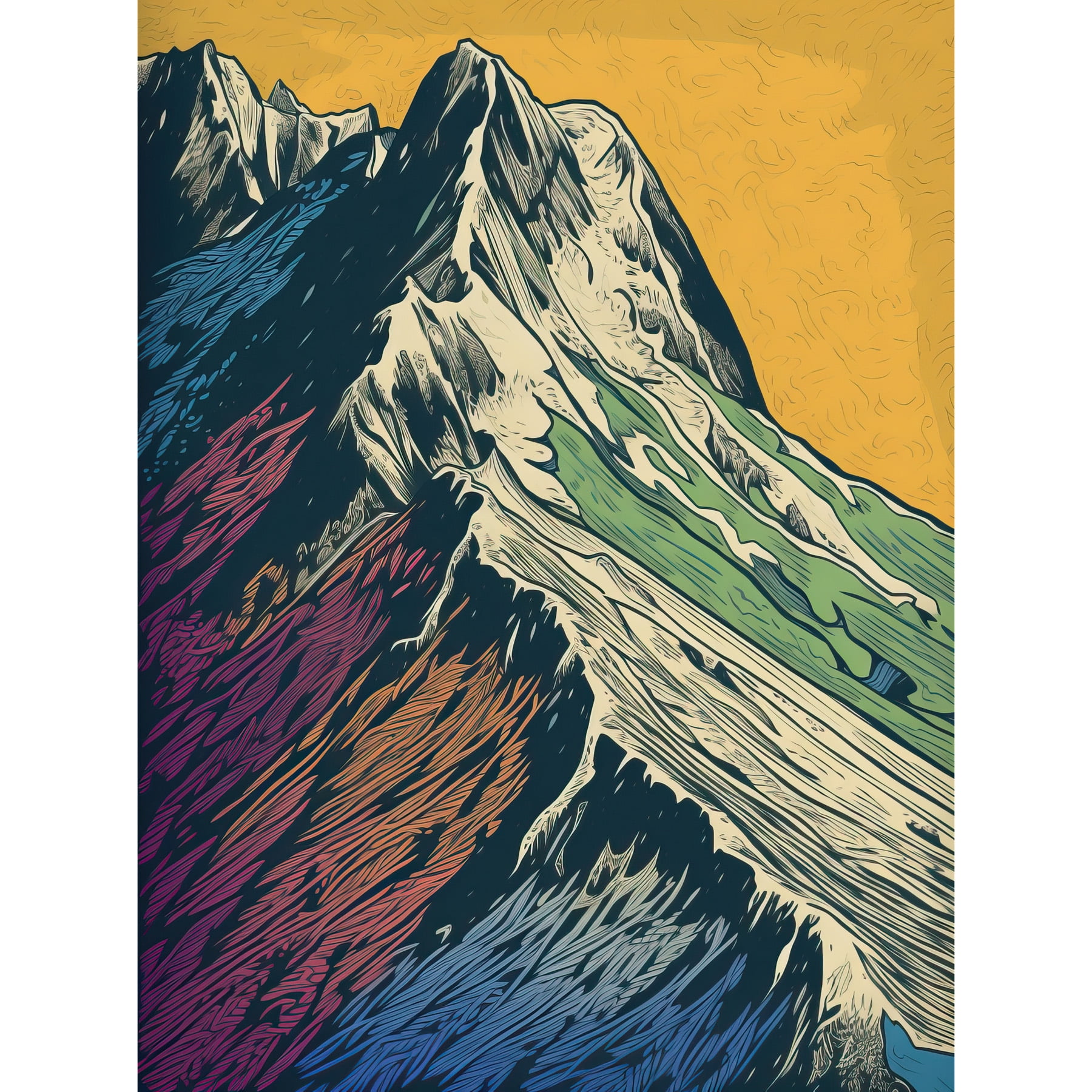 Multicoloured Mountain Range Peaks Pop Art Linocut Unframed Wall Art ...