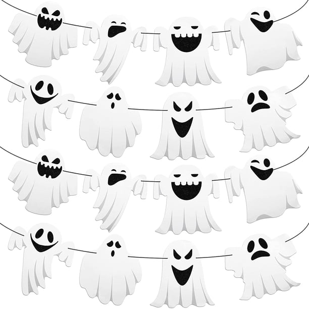 4 Pieces Halloween Hanging Ghost Banner Cute White Ghost Garland Double ...